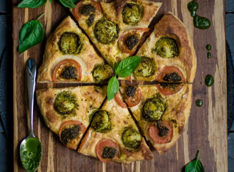 Pesto Brussels Sprouts & Tomato Pizza - Wicked Kitchen