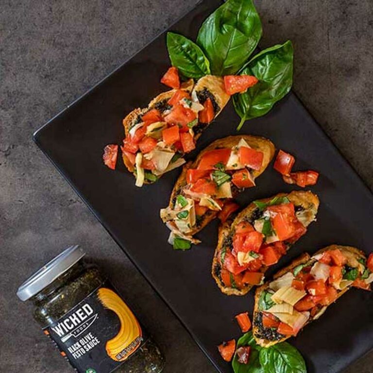 Black Olive Pesto Bruschetta - Wicked Kitchen